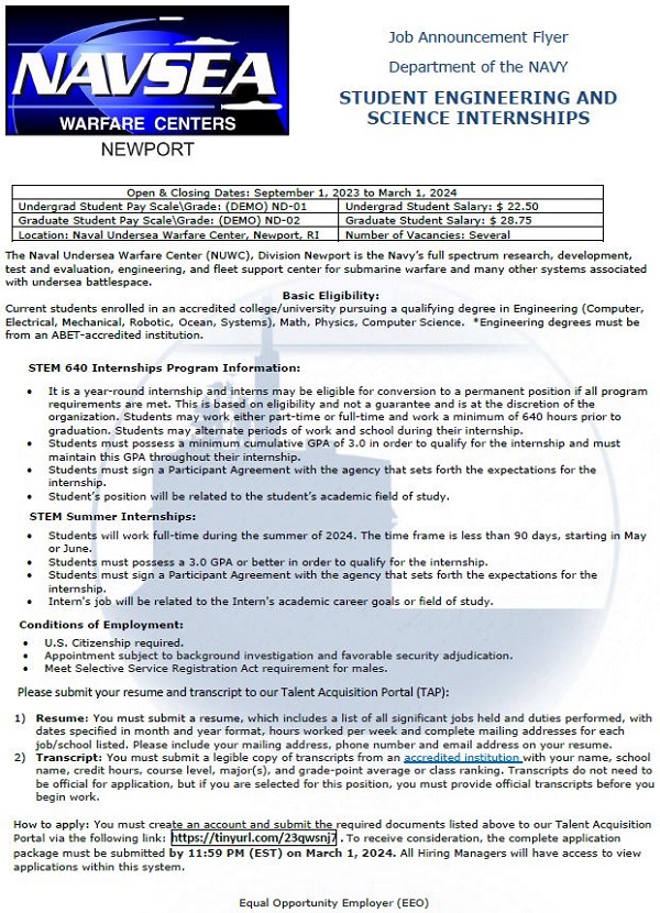 Naval Sea Systems Command > Home > Warfare Centers > NUWC Newport > Career Opportunities ...